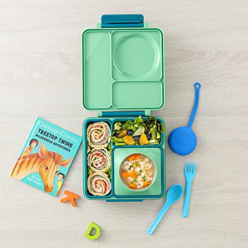 OmieBox Bento Box for Kids Insulated Bento Lunch Box with Leak Proof Thermos Food Jar, 3 Compartments + Capri Blue Utensil Set with Case