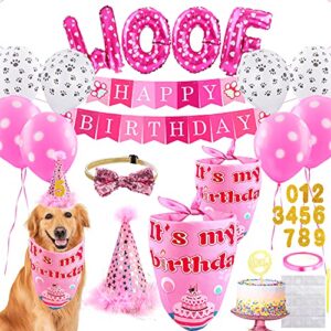 dog birthday party supplies - dog girl birthday bandanas set with dog birthday hat, scarf, birthday banner, balloons and bowtie. puppy dog pals birthday party decorations.