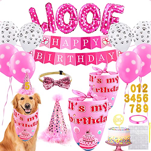 Dog Birthday Party Supplies - Dog Girl Birthday Bandanas Set with Dog Birthday Hat, Scarf, Birthday Banner, Balloons and Bowtie. Puppy Dog Pals Birthday Party Decorations.