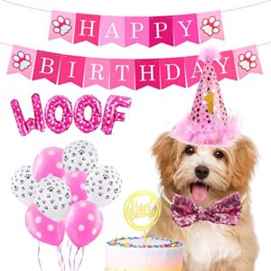 Dog Birthday Party Supplies - Dog Girl Birthday Bandanas Set with Dog Birthday Hat, Scarf, Birthday Banner, Balloons and Bowtie. Puppy Dog Pals Birthday Party Decorations.