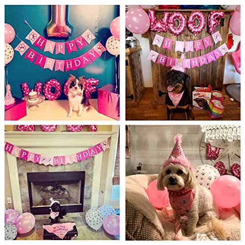 Dog Birthday Party Supplies - Dog Girl Birthday Bandanas Set with Dog Birthday Hat, Scarf, Birthday Banner, Balloons and Bowtie. Puppy Dog Pals Birthday Party Decorations.