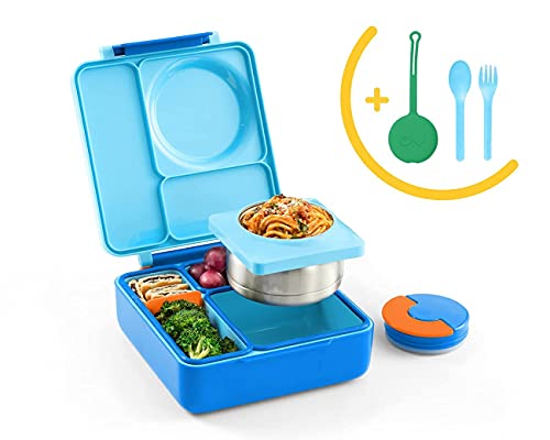 OmieBox Bento Box for Kids Insulated Bento Lunch Box with Leak Proof Thermos Food Jar, 3 Compartments + Mint Green Utensil Set with Case