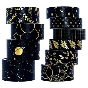 veylin 10rolls black gold washi tape, premium mixed size decorative masking tape for scrapbook journal