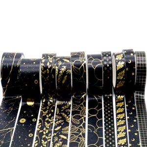 VEYLIN 10Rolls Black Gold Washi Tape, Premium Mixed Size Decorative Masking Tape for Scrapbook Journal