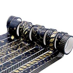 VEYLIN 10Rolls Black Gold Washi Tape, Premium Mixed Size Decorative Masking Tape for Scrapbook Journal