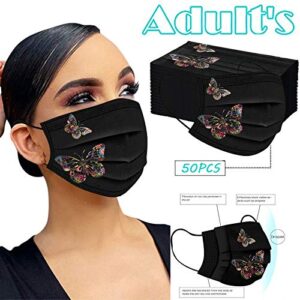 50Pcs Butterfly Print Disposable Facemask for Adults Women with Designs PaperMasks 3 Ply Breathable Non Woven Face Guard