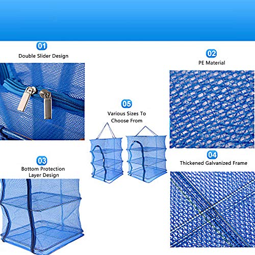 MAHDETP 2.2ft 3 Layer Non-Toxic Nylon Netting Foldable Drying Rack for Fish Vegetables Fruit Herb Practical Hanging Net Dry Cage（15.7 x15.7 x25.6inch）