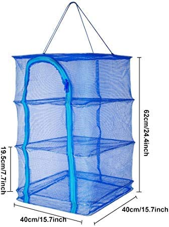 MAHDETP 2.2ft 3 Layer Non-Toxic Nylon Netting Foldable Drying Rack for Fish Vegetables Fruit Herb Practical Hanging Net Dry Cage（15.7 x15.7 x25.6inch）