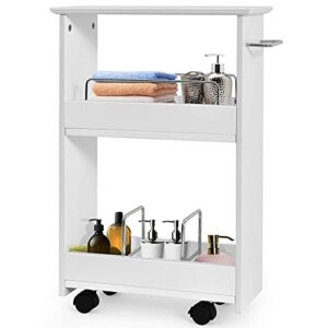 arlime 3 tier bathroom storage cart, wooden rolling storage cabinet w/ towel rack and side handle, lockable wheel, side storage organizer for bathroom kitchen laundry