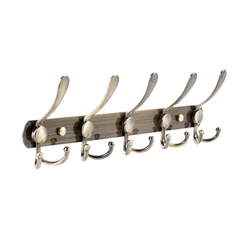 Coat Rack Wall Mounted, Coat Hanger Wall 5 Tri Hooks Heavy Duty Stainless Steel Coat Hook Rail for Coats Towels Purse Robes Keys and Hats(Bronze)