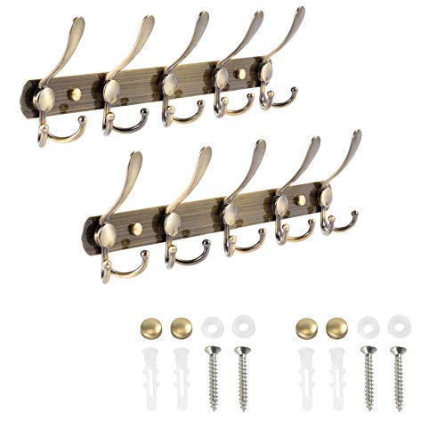 Coat Rack Wall Mounted, Coat Hanger Wall 5 Tri Hooks Heavy Duty Stainless Steel Coat Hook Rail for Coats Towels Purse Robes Keys and Hats(Bronze)