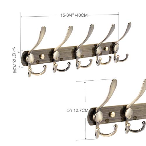 Coat Rack Wall Mounted, Coat Hanger Wall 5 Tri Hooks Heavy Duty Stainless Steel Coat Hook Rail for Coats Towels Purse Robes Keys and Hats(Bronze)