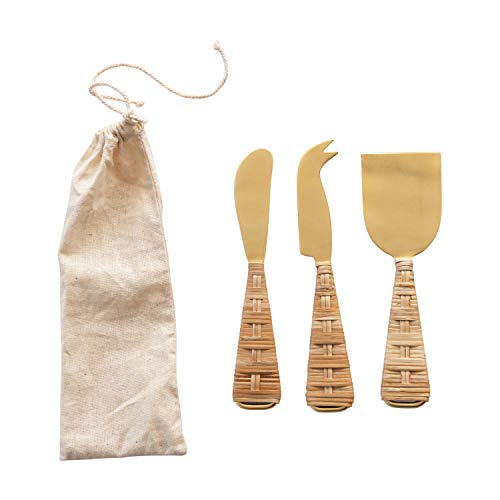 Creative Co-Op Cheese Knives with Rattan Handles, Gold Finish, Set of 3 Knife, 6.5" x 6.75"