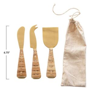 Creative Co-Op Cheese Knives with Rattan Handles, Gold Finish, Set of 3 Knife, 6.5" x 6.75"