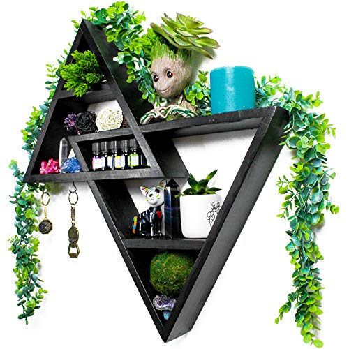 Rustic Curiosities Large Triangle Shelf - Crystal Display Altar Shelf for Stones, Essential Oils, and More 21.5 X 20 Inches (Black, Left Triangle Up)