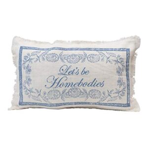 creative co-op linen blend embroidered lumbar let's be homebodies, cream color & blue pillow, cream & blue