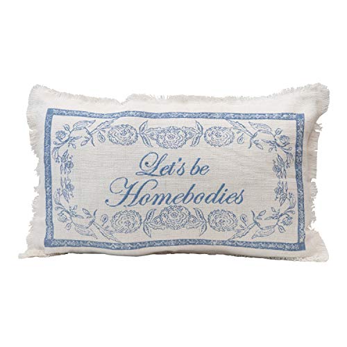 Creative Co-Op Linen Blend Embroidered Lumbar Let's Be Homebodies, Cream Color & Blue Pillow, Cream & Blue