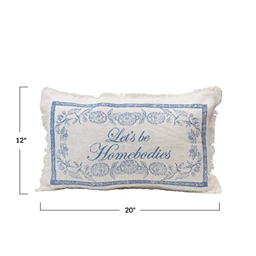 Creative Co-Op Linen Blend Embroidered Lumbar Let's Be Homebodies, Cream Color & Blue Pillow, Cream & Blue