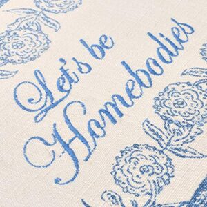 Creative Co-Op Linen Blend Embroidered Lumbar Let's Be Homebodies, Cream Color & Blue Pillow, Cream & Blue