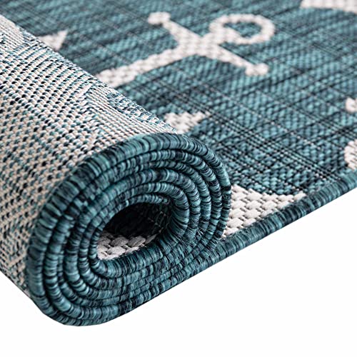 Unique Loom Outdoor Coastal Collection Abstract, Nautical, Anchor, Contemporary, Beach Area Rug (2' 0 x 7' 10 Runner, Teal/Ivory)