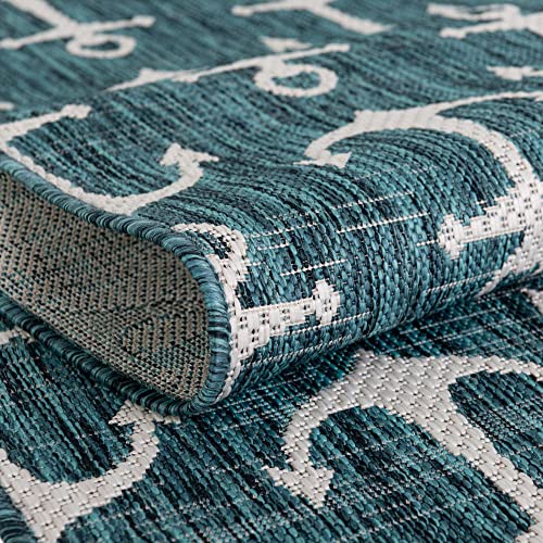 Unique Loom Outdoor Coastal Collection Abstract, Nautical, Anchor, Contemporary, Beach Area Rug (2' 0 x 7' 10 Runner, Teal/Ivory)