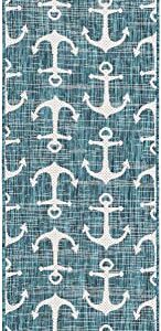 Unique Loom Outdoor Coastal Collection Abstract, Nautical, Anchor, Contemporary, Beach Area Rug (2' 0 x 7' 10 Runner, Teal/Ivory)