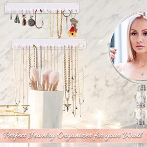 Boxy Concepts Necklace Organizer - 2 Pack - Easy-Install 10.5"x1.5" Hanging Necklace Holder Wall Mount with 10 Necklace Hooks - Beautiful Necklace Hanger also for Bracelets, Earrings, and Keys (White)