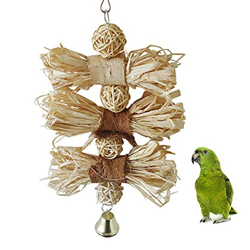 SONGBIRDTH Parrot Chew Toys - Parrot Bird Chew Bites Natural Raffia Fiber Ball Bell Cage Hangings Pet Play Toy for Medium and Small Parrot