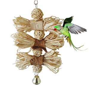 SONGBIRDTH Parrot Chew Toys - Parrot Bird Chew Bites Natural Raffia Fiber Ball Bell Cage Hangings Pet Play Toy for Medium and Small Parrot