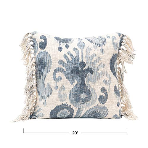 Creative Co-Op Stonewashed Woven Cotton Blend Ikat Pattern & Tassels, Blue & Cream Color Pillow, 1 Count (Pack of 1), Blue & Grey