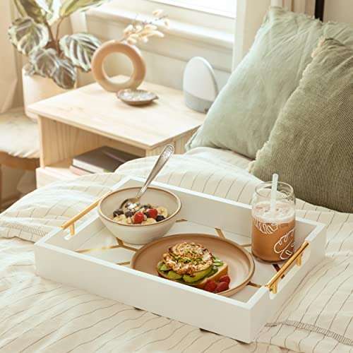 White & Gold Coffee Table Serving Tray with Handles - 16.5 x 12 - Wooden Decorative Ottoman Tray for Serving Food