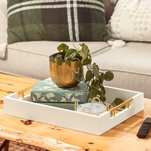 White & Gold Coffee Table Serving Tray with Handles - 16.5 x 12 - Wooden Decorative Ottoman Tray for Serving Food