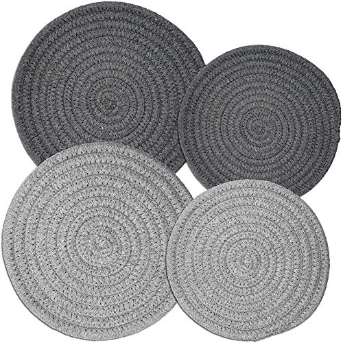 Potholders Set Trivets Set of 4[Two 9-Inch + Two 7-Inch] | 100% Eco Pure Cotton Thread Weave Trivets for Hot Pots and Pans | Hot Coasters | Hot Pads for Kitchen | Hot Mats | Light Gray & Dark Gray