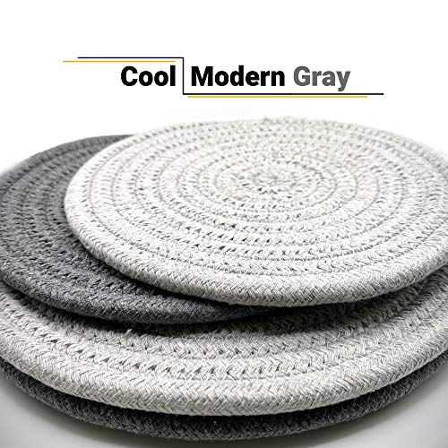 Potholders Set Trivets Set of 4[Two 9-Inch + Two 7-Inch] | 100% Eco Pure Cotton Thread Weave Trivets for Hot Pots and Pans | Hot Coasters | Hot Pads for Kitchen | Hot Mats | Light Gray & Dark Gray