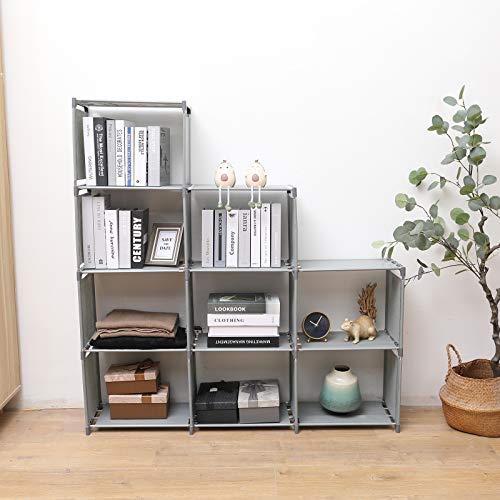 YCOCO 9 Cubes Bookshelf Office Storage Shelf Plastic Storage Cabinet,Adjustable Stackable DIY Bookshelf for Kid,Home Furniture Storage Bookcase,Grey