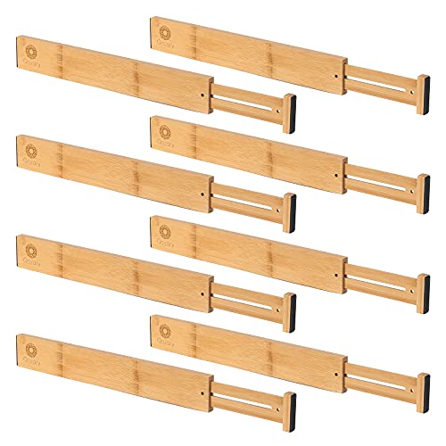 Qozary 8 Pack Adjustable Bamboo Drawer Dividers, Spring Loaded Drawer Organization Separators Expandable from 17-22", Work in Kitchen, Dresser, Baby Drawer, Bedroom, Bathroom and Office