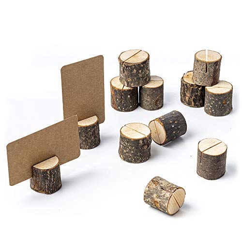 Jofefe 12Pcs Mini Premium Wood Place Card Holders and 24Pcs Kraft Table Place Cards, Rustic Mini Table Number Holders, Table Sign Stand, Name Card Photo Picture Holders for Wedding, Party, Birthday.