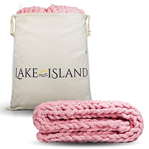 Lake Island Chunky Knit Throw Blanket - NO Shedding 50x60 Inch - Luxury Chenille Chunky Blanket Adds Warmth - Soft Cozy Chunky Throw Blanket for Bed, Sofa or Chair - Plush Boho Farmhouse Decor Pink