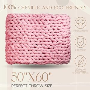 Lake Island Chunky Knit Throw Blanket - NO Shedding 50x60 Inch - Luxury Chenille Chunky Blanket Adds Warmth - Soft Cozy Chunky Throw Blanket for Bed, Sofa or Chair - Plush Boho Farmhouse Decor Pink