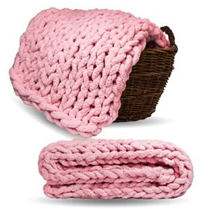 Lake Island Chunky Knit Throw Blanket - NO Shedding 50x60 Inch - Luxury Chenille Chunky Blanket Adds Warmth - Soft Cozy Chunky Throw Blanket for Bed, Sofa or Chair - Plush Boho Farmhouse Decor Pink