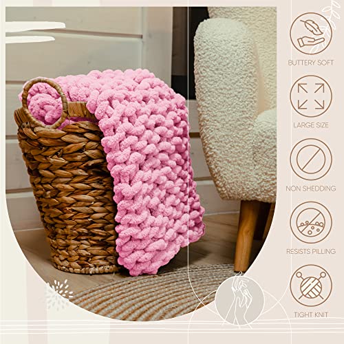 Lake Island Chunky Knit Throw Blanket - NO Shedding 50x60 Inch - Luxury Chenille Chunky Blanket Adds Warmth - Soft Cozy Chunky Throw Blanket for Bed, Sofa or Chair - Plush Boho Farmhouse Decor Pink