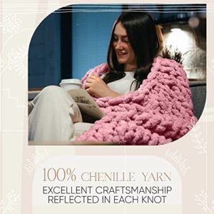 Lake Island Chunky Knit Throw Blanket - NO Shedding 50x60 Inch - Luxury Chenille Chunky Blanket Adds Warmth - Soft Cozy Chunky Throw Blanket for Bed, Sofa or Chair - Plush Boho Farmhouse Decor Pink