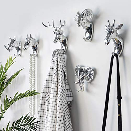 Animal Head Key Hooks Decorative for Wall Creative Resin Hook Hanger (Pack 6) Animal Shaped Coat Hat Hook Wall Hanging Wall Hook Decorative Gift (Silver Plating)