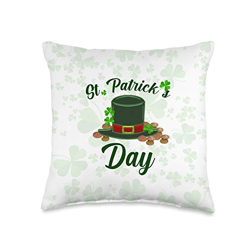 BoredKoalas St Patricks Day Throw Pillow Gifts St Patricks Day Leprechaun Hat Shamrock Clover Coins Throw Pillow, 16x16, Multicolor