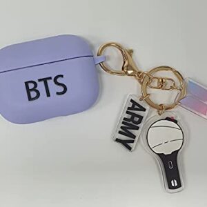 BT-S Airpods Pro Case with Kpop Bangtan Boys Army Bomb Keychain, Protective Premium Silicone Cover Compatible with Apple Airpods Pro (Purple)