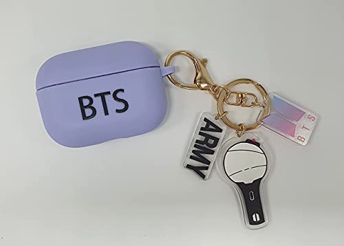 BT-S Airpods Pro Case with Kpop Bangtan Boys Army Bomb Keychain, Protective Premium Silicone Cover Compatible with Apple Airpods Pro (Purple)