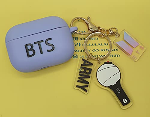 BT-S Airpods Pro Case with Kpop Bangtan Boys Army Bomb Keychain, Protective Premium Silicone Cover Compatible with Apple Airpods Pro (Purple)