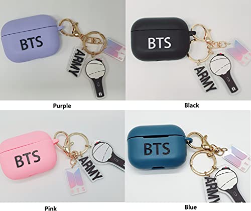 BT-S Airpods Pro Case with Kpop Bangtan Boys Army Bomb Keychain, Protective Premium Silicone Cover Compatible with Apple Airpods Pro (Purple)