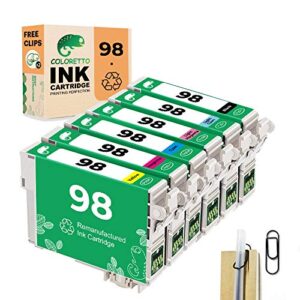 coloretto remanufactured ink cartridge replacement for epson 98 t098 used for artisan 730 810 837 (1 black,1 cyan 1,magenta,1 yellow,1 light cyan,1 light magenta) (special edition includes 1 pen clip)