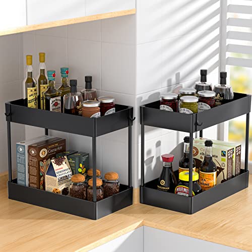 Under Sink Organizer, Under Bathroom Sink Storage 2 Tier Organizer Bath Collection Baskets with Hooks, Black Under Sink Shelf Organizer Rack, Multi-purpose Under Sink Storage for Bathroom Kitchen